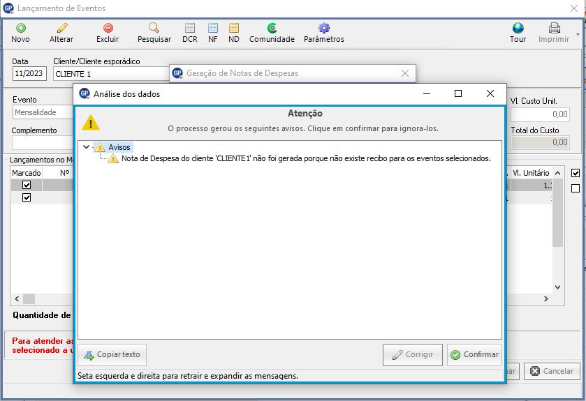 Aviso/Erro ao gerar ND “Nota de Despesa do cliente não foi gerada porque não existe recibo para ...