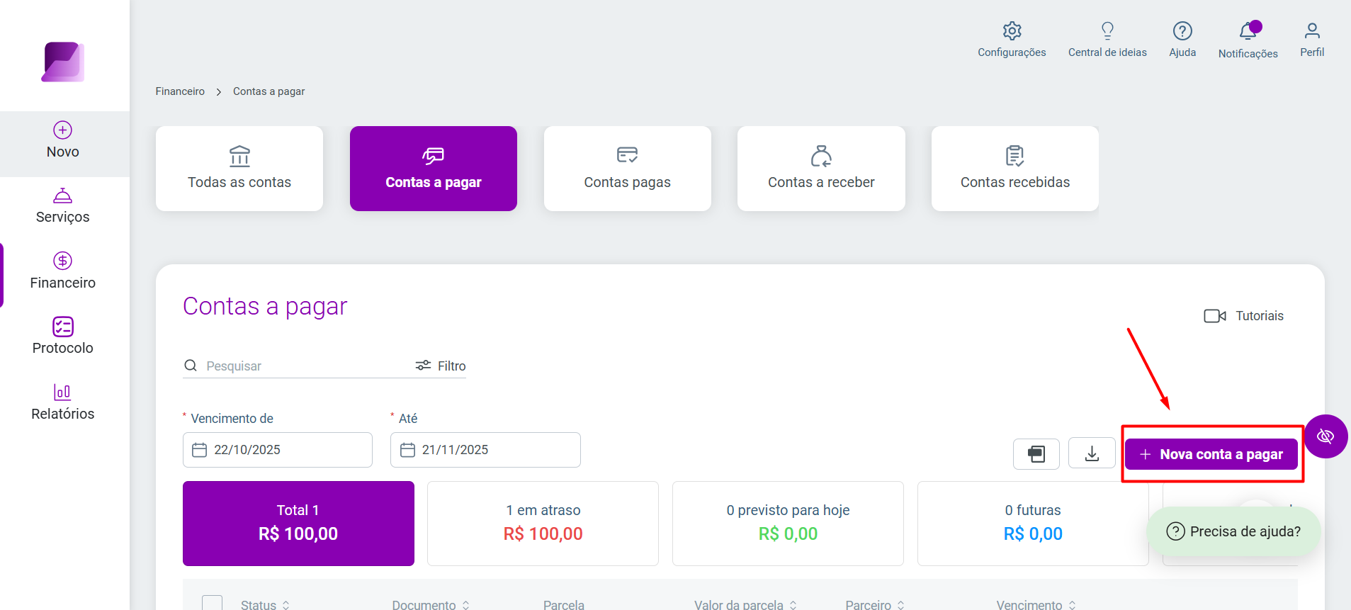 Cadastro de contas a pagar – Autoatendimento Contmatic