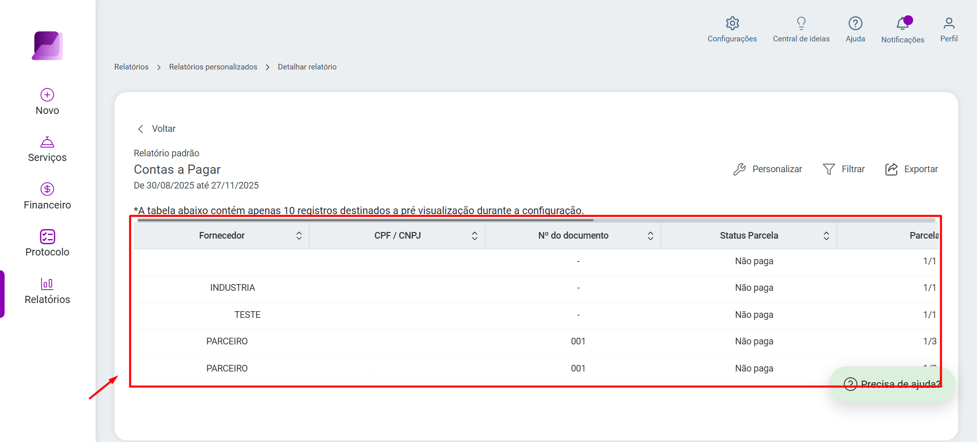 Relatório de contas a pagar e contas pagas – Autoatendimento Contmatic